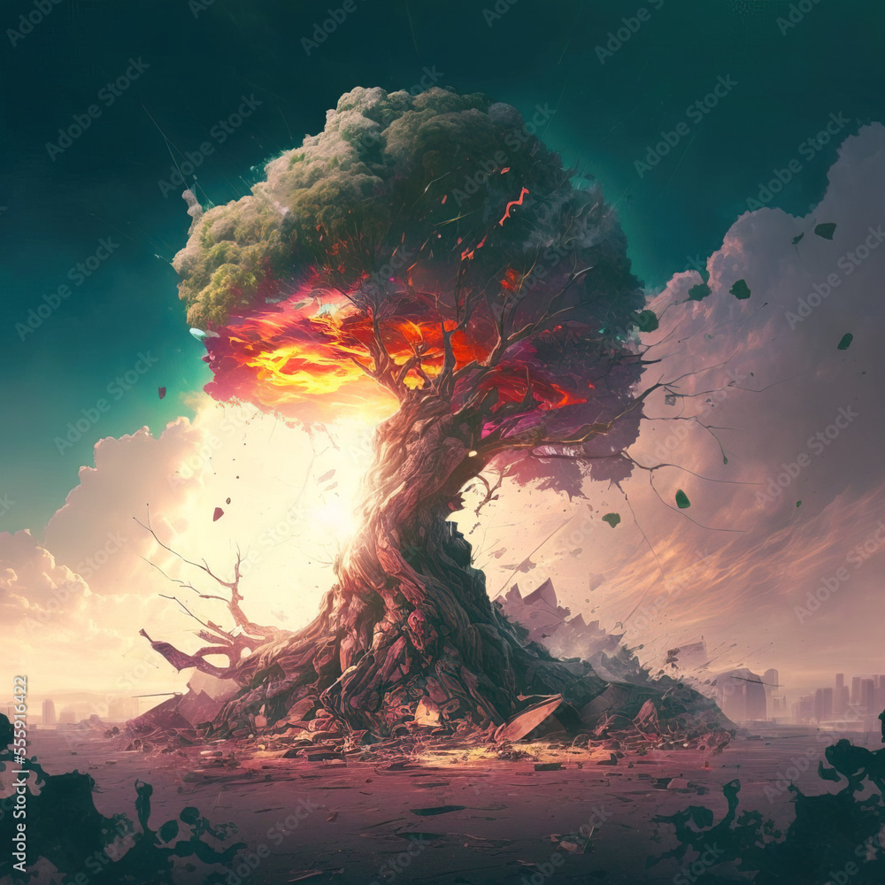 A huge, pompous, isolated tree with lava flowing through it and burning ...