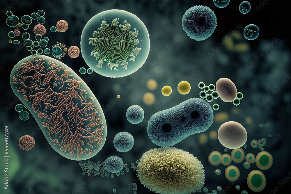 Microscopic bacteria. Science illustration. 3D render of infectious ...