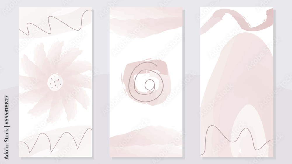 Set of three concept soft flower hand drawn watercolor for social media ...