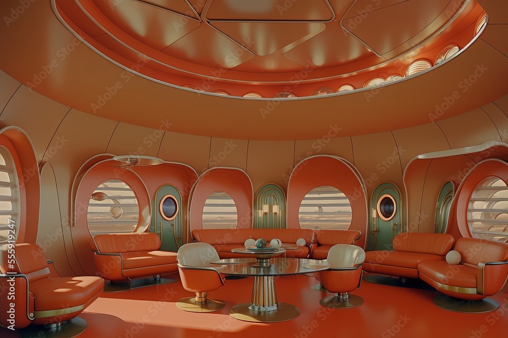 ภาพประกอบสต็อก a 1970s interior room googie architecture, highly ...