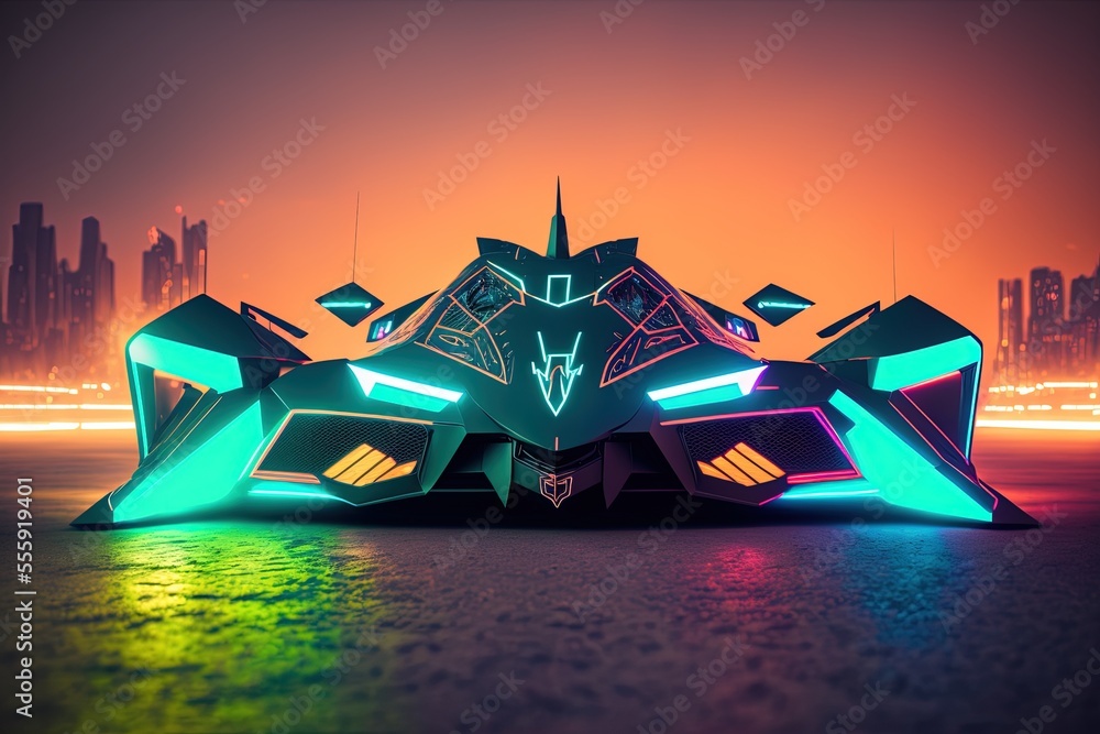 a cyberpunk concept supercar front-facing angle in a cyberpunk city ...