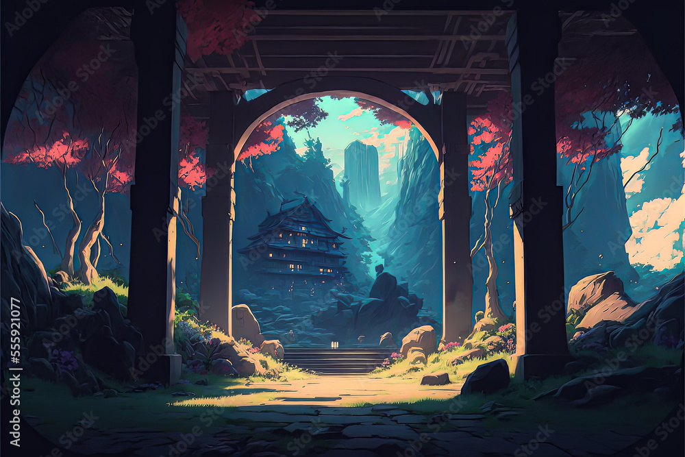 Fantasy drawing of imaginary universe. Old trees, adventure setting ...