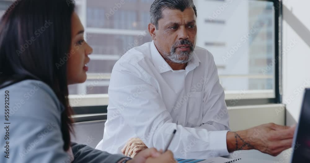 Businessman, corporate woman and laptop for planning, teamwork and strategy in office with ...