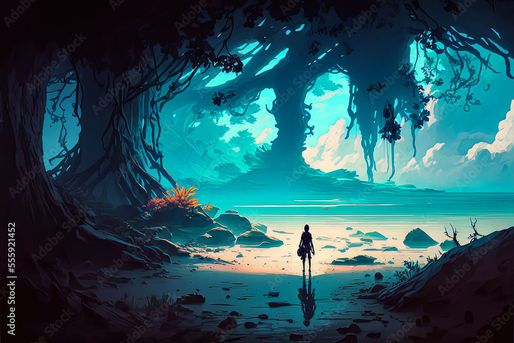 Fantasy drawing of imaginary universe. Old trees, adventure setting ...