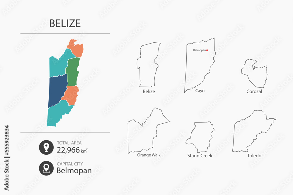 Map of Belize with detailed country map. Map elements of cities, total ...