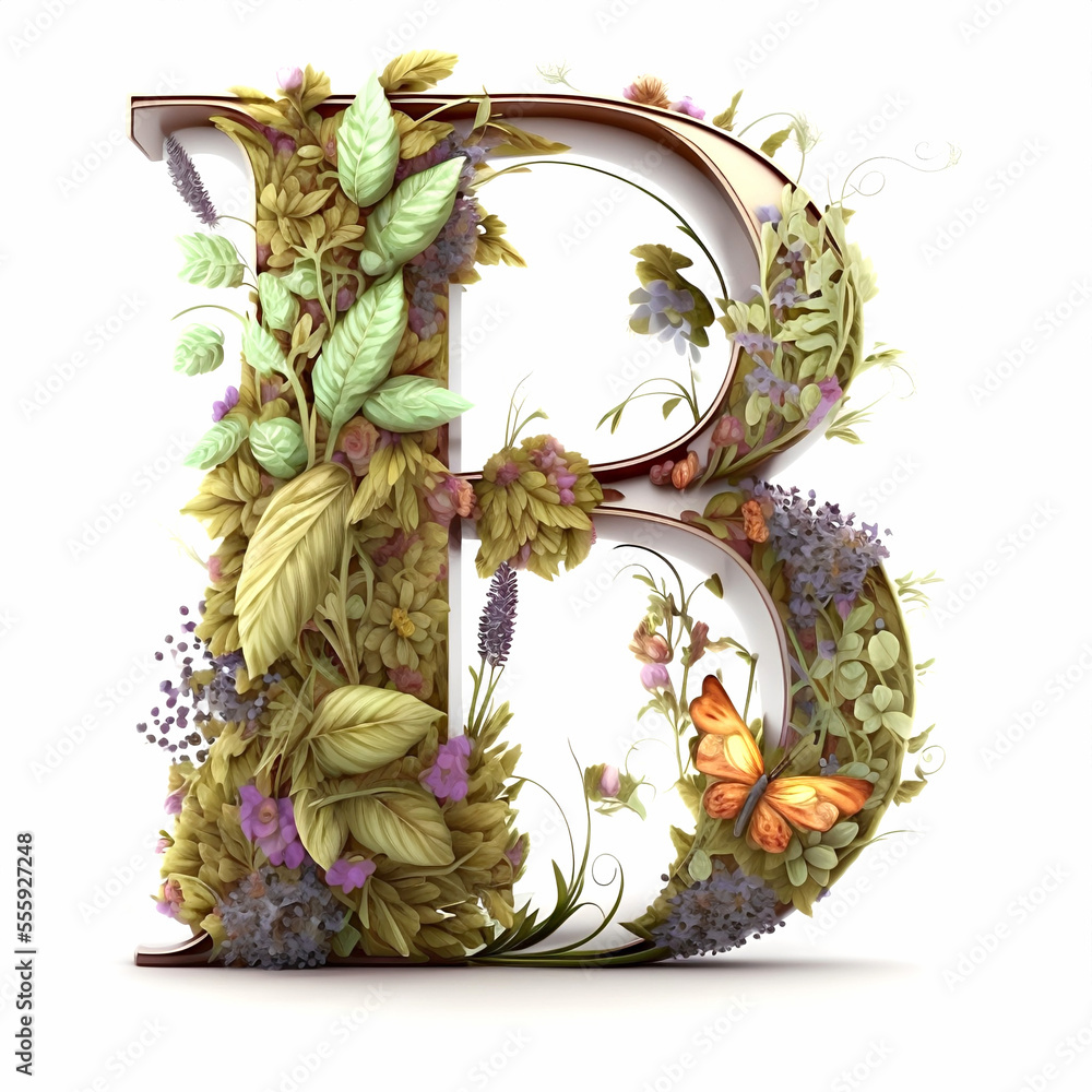 Floral letter B with flowers and plants. Floral typographic alphabet ...