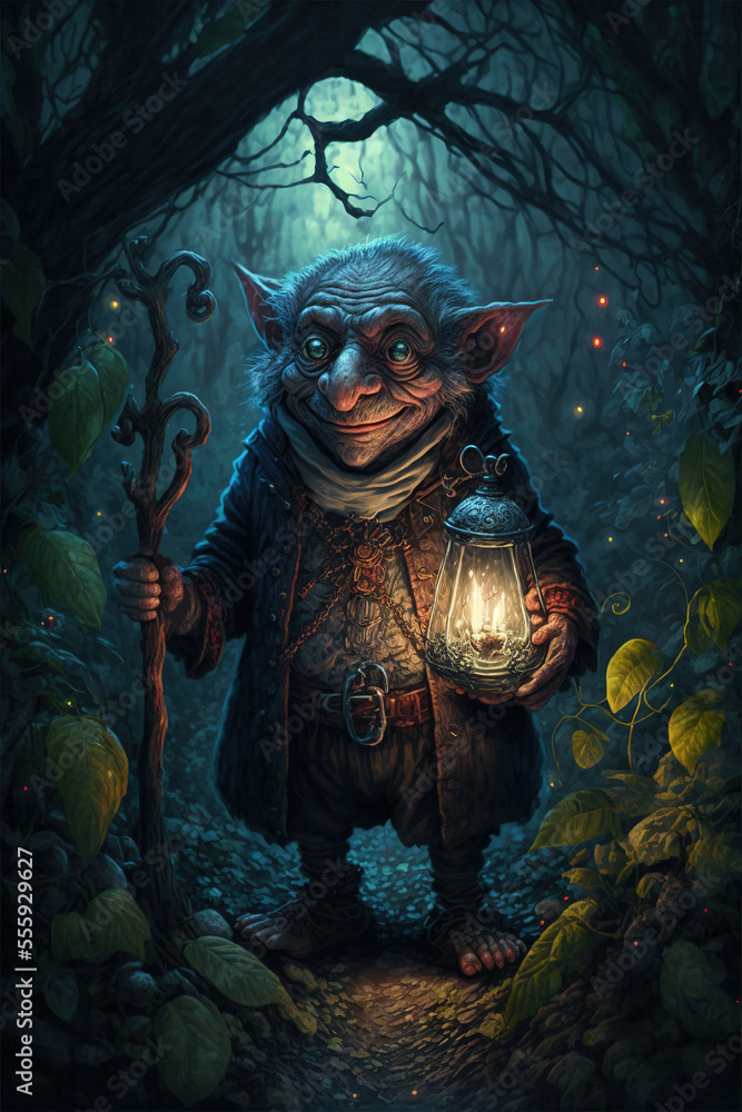 goblin, gnome with a lantern in the forest, dark forest, dark fantasy ...