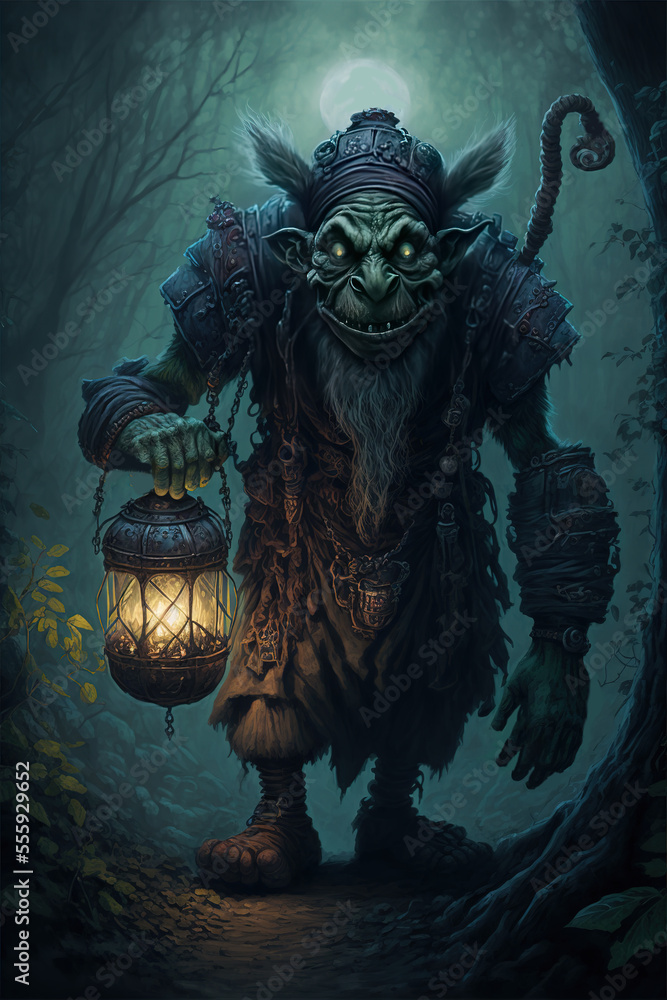 goblin with a lantern in the forest, dark forest, dark fantasy, art ...