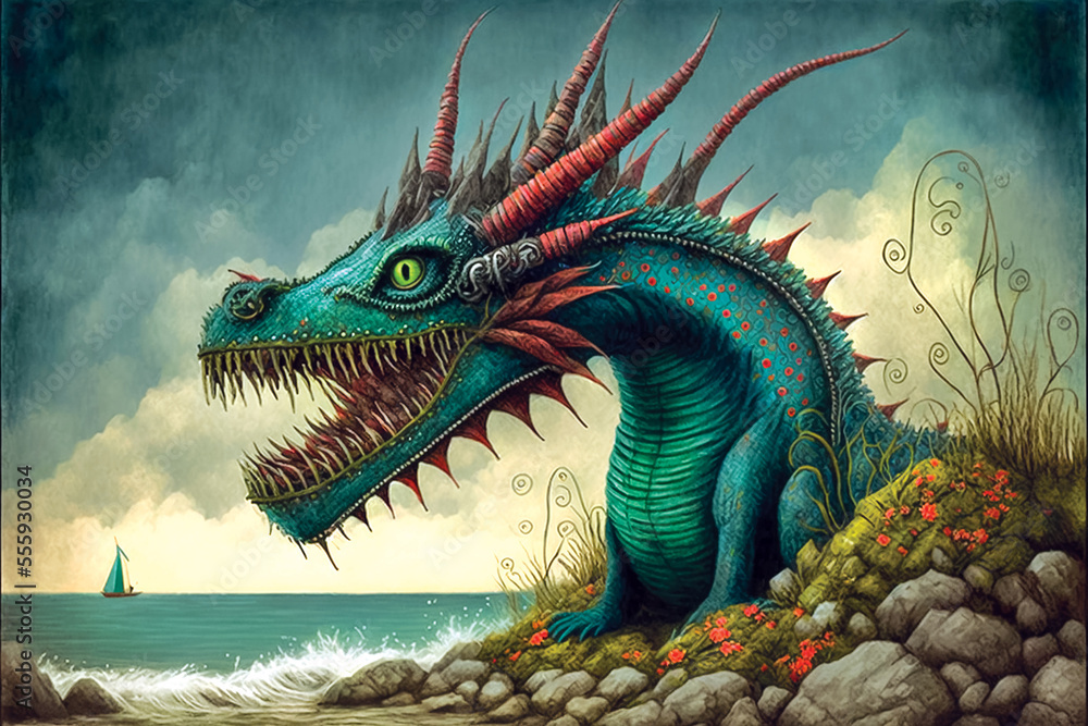 Fantasy painting, dragon on the sea coastline Stock Illustration ...