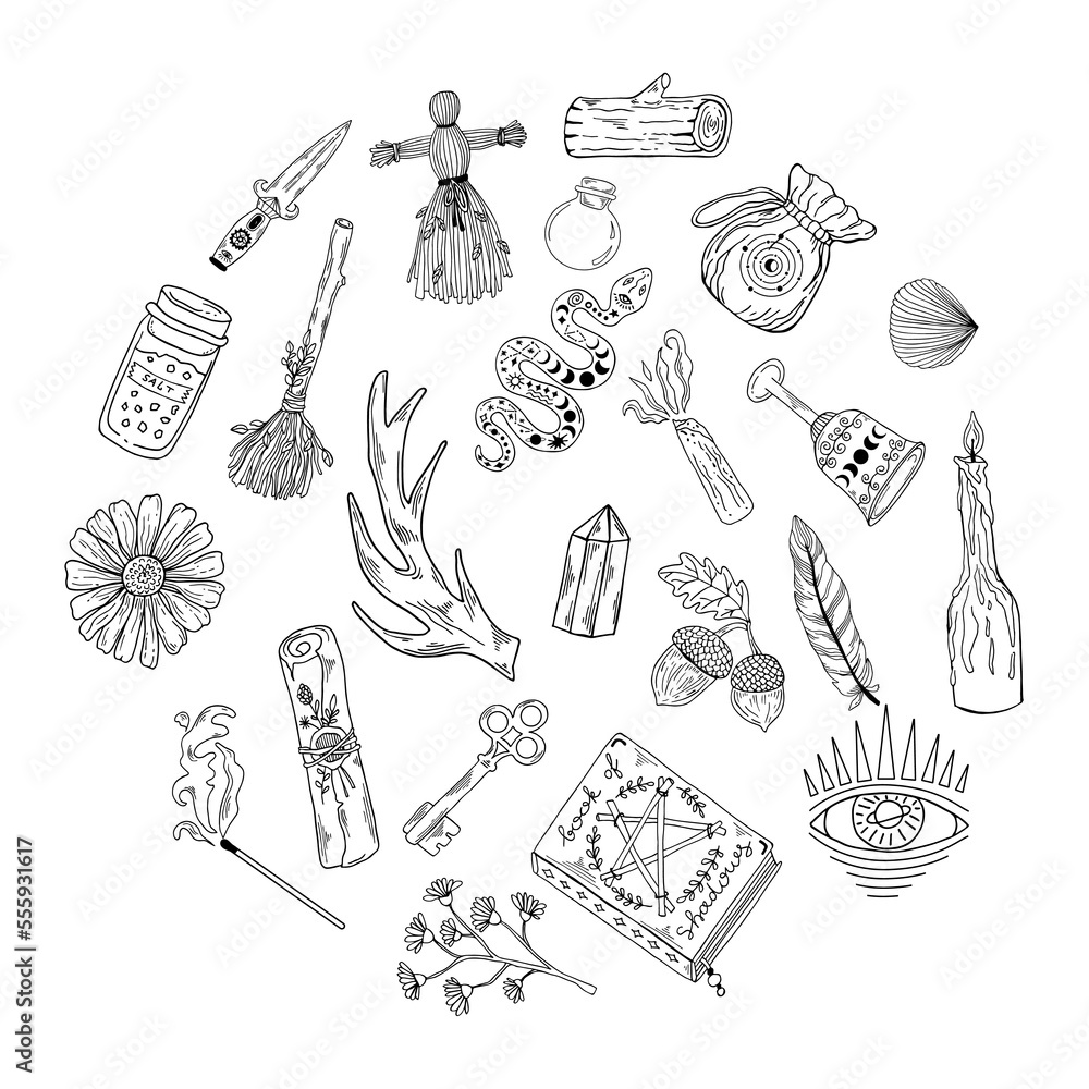 Black outline circle with witchcraft symbols. Book of shadows, deer ...