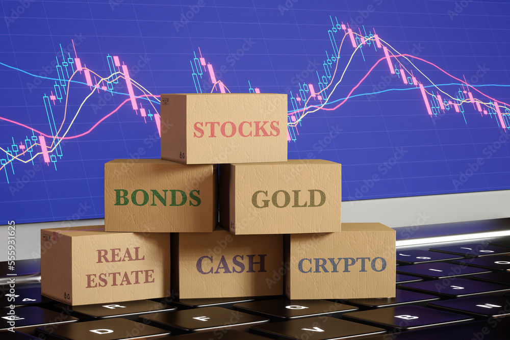 Carton boxes labelled as different investment product categories on a ...