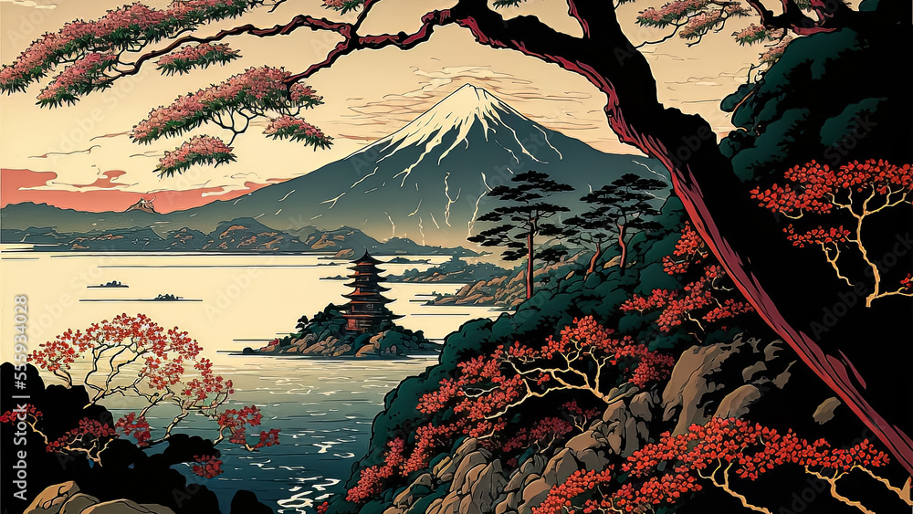 Old japanese illustration drawing. Ukiyo-e traditionnal painting ...