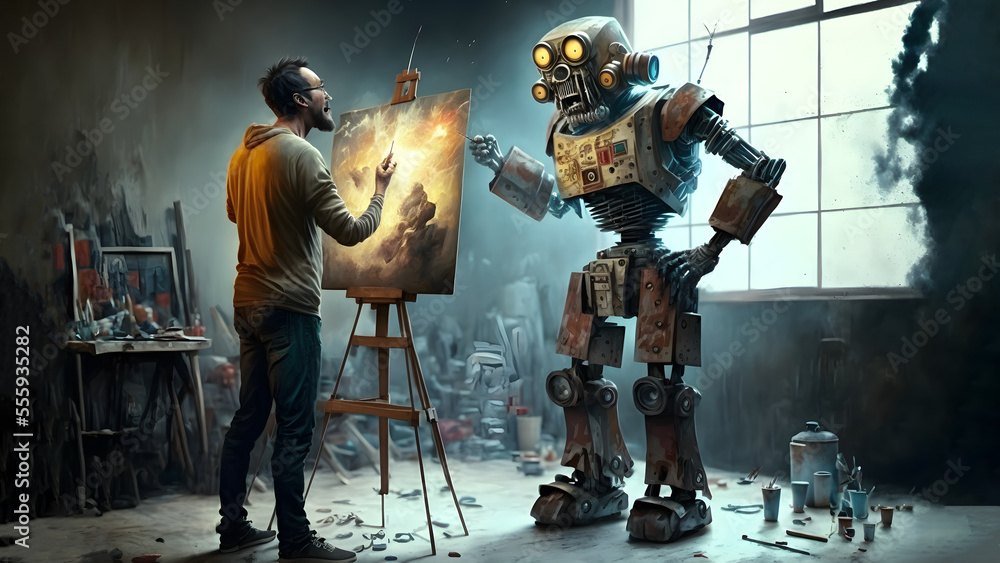 human artist and robot artist yelling on each other, neural network ...