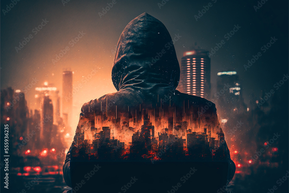 Computer Hacker Cyber Crime Illustration, Hacker using Laptop, City Background, Binary Code ...