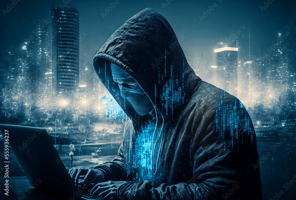 Computer Hacker Cyber Crime Illustration, Hacker using Laptop, City Background, Binary Code ...