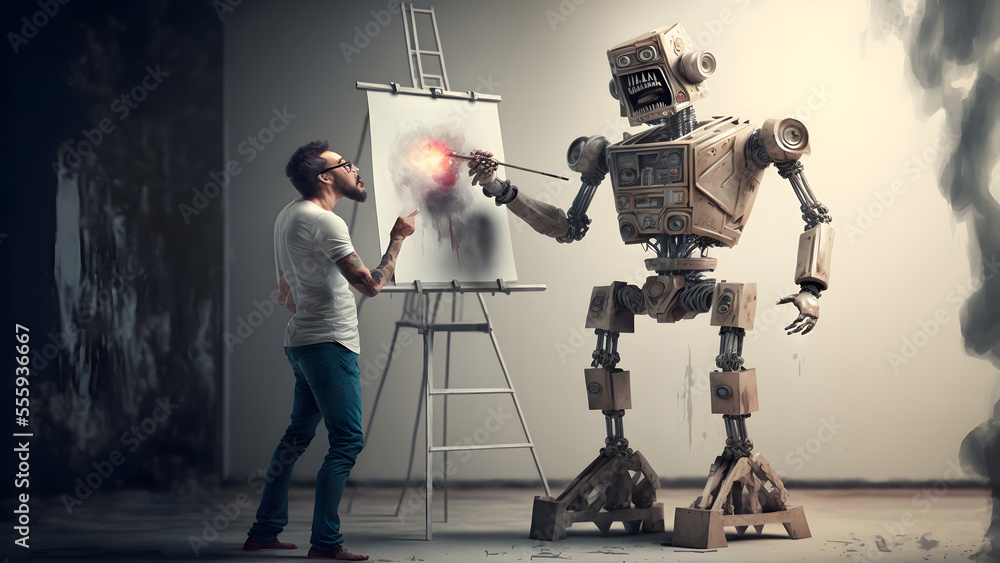 human artist and robot artist yelling on each other, neural network ...