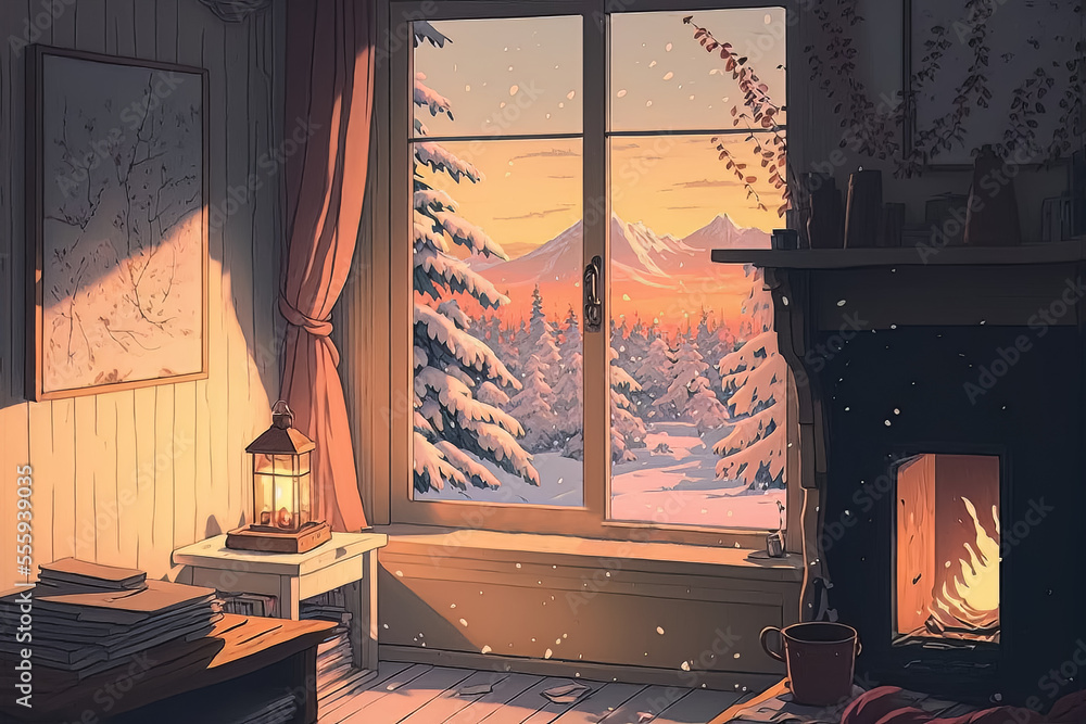 Winter Night By Fireplace Cartoon