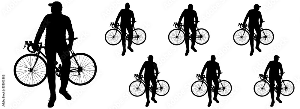 The cyclist near the bike looks around. Front view, full face, view of ...