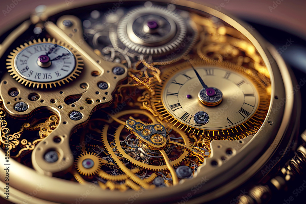 Internal structure of mechanical clocks with metal clockwork with gears ...