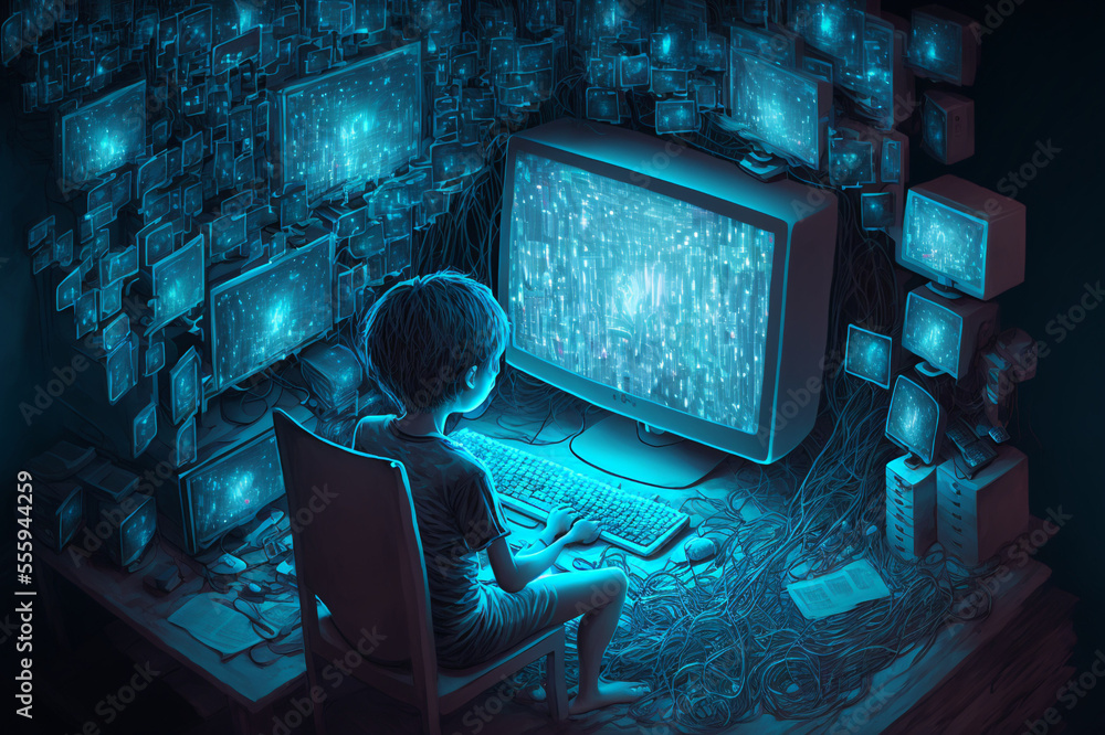 Poster generative ai young boy using computer late at night. – Wall Art ...