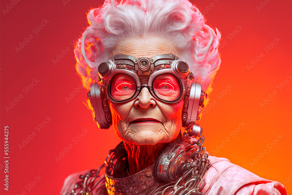 Generative ai illustration sci-fi futuristic old woman humanoid robot ...