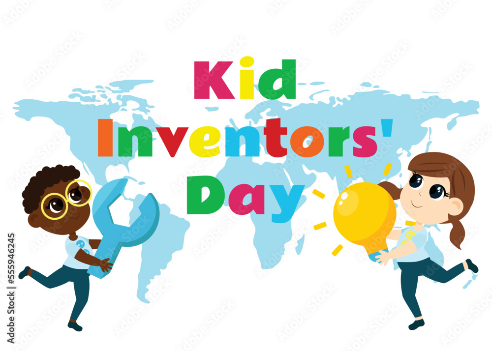 Kid Inventors Day. Cute boy and girl with light bulb and wrench and ...