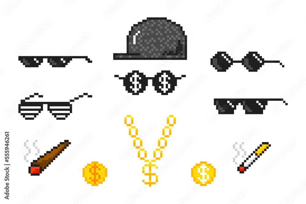 Boss pixel attributes, bandit pixel glasses, gangster gold chain, cap ...