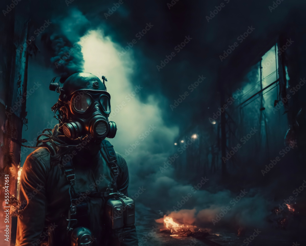 Post Apocalyptic scene Featuring military gas mask wearing apocalypse ...