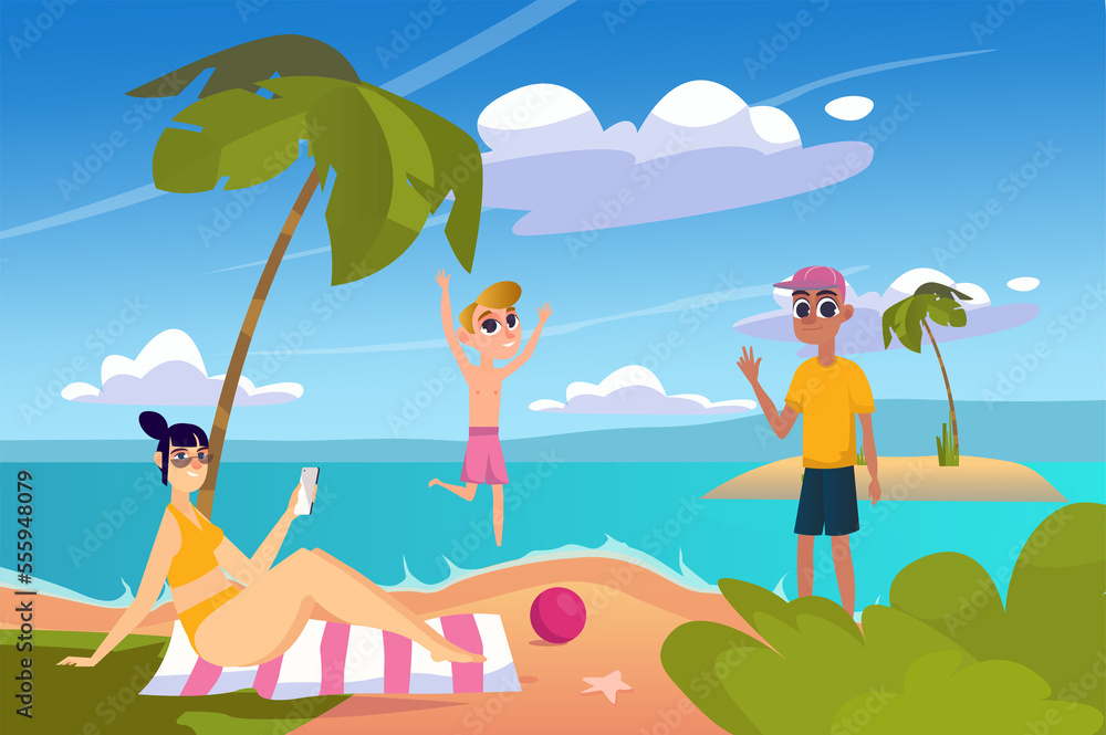 Beach concept with people scene in the background cartoon style. Mom is ...