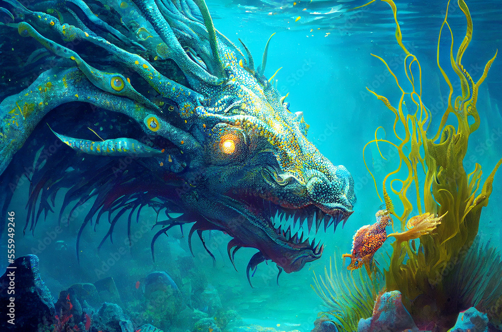 Fantasy digital art illustration, Sea dragon monster underwater 3D ...