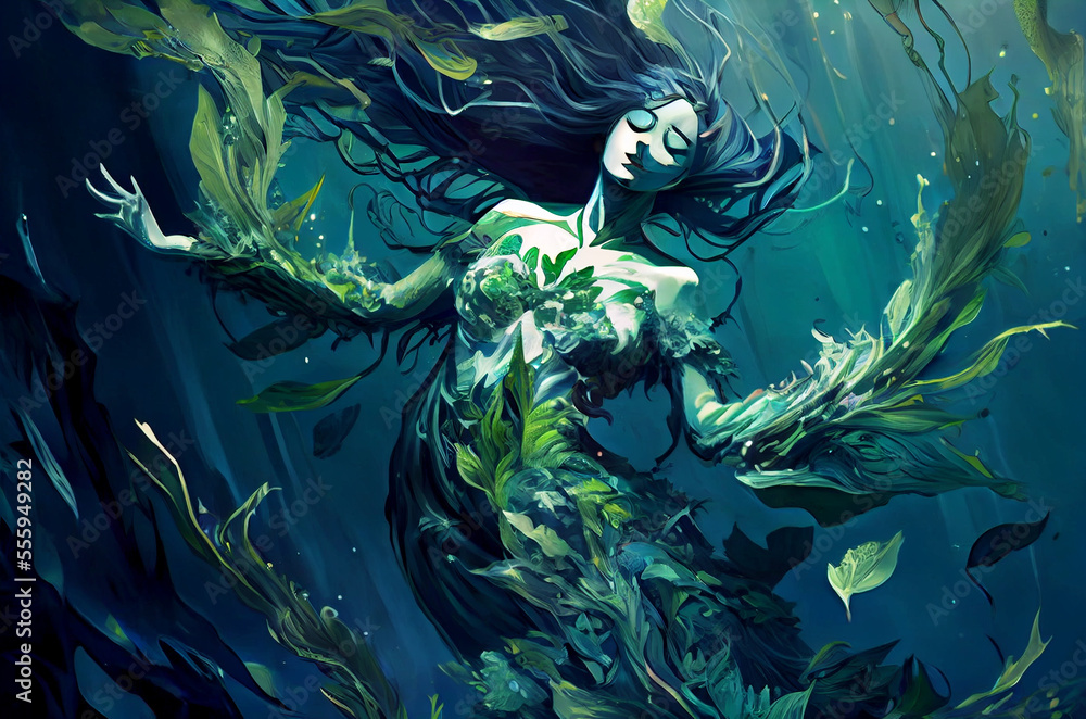 mermaid with seaweed hairs underwater.Fantasy illustration anime manga ...