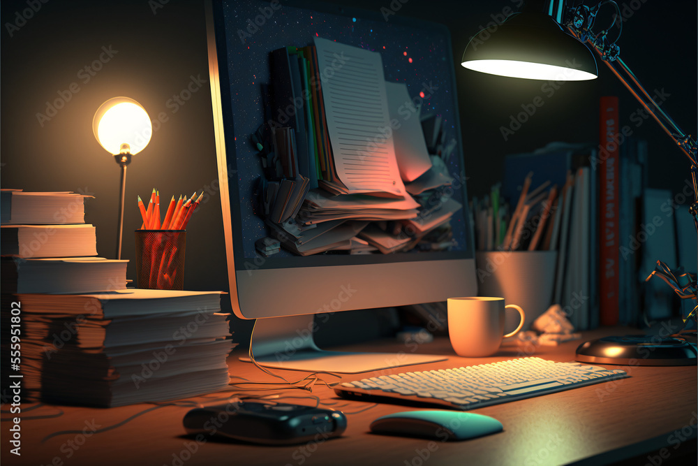 An ultra-realistic, CGI 3D image of a cluttered desk with a computer ...
