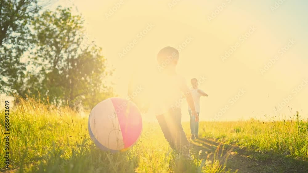 children playing ball in the park. happy family a kid dream concept. a little boy and a group of ...