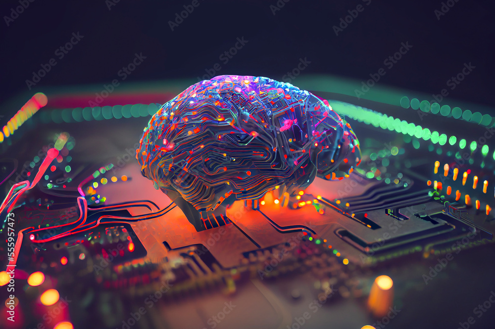 Concept of artificial intelligence. Human brain connected to electronic ...