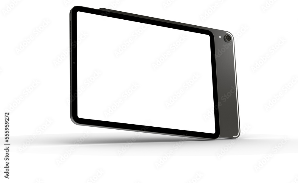 Blank screen realistic tablet frame, rotated position, side view, top ...
