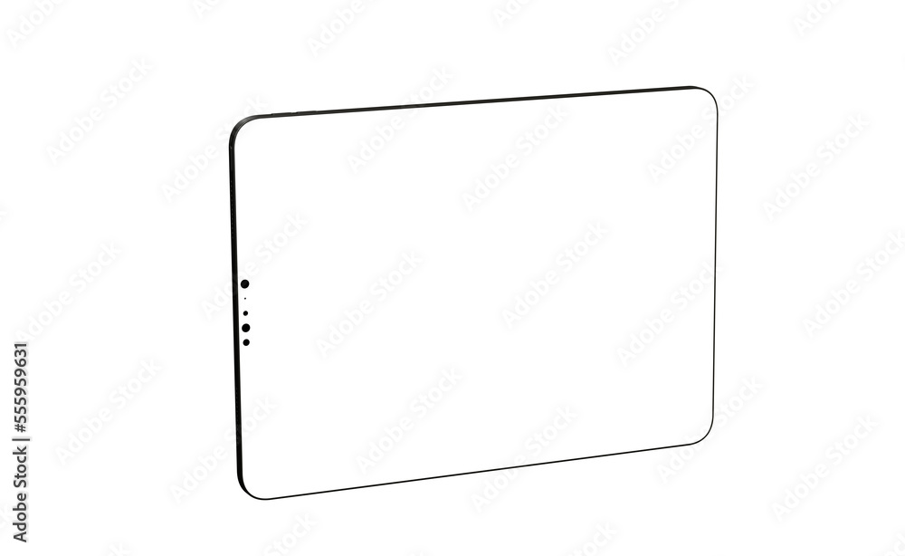 Blank screen realistic tablet frame, rotated position, side view, top ...