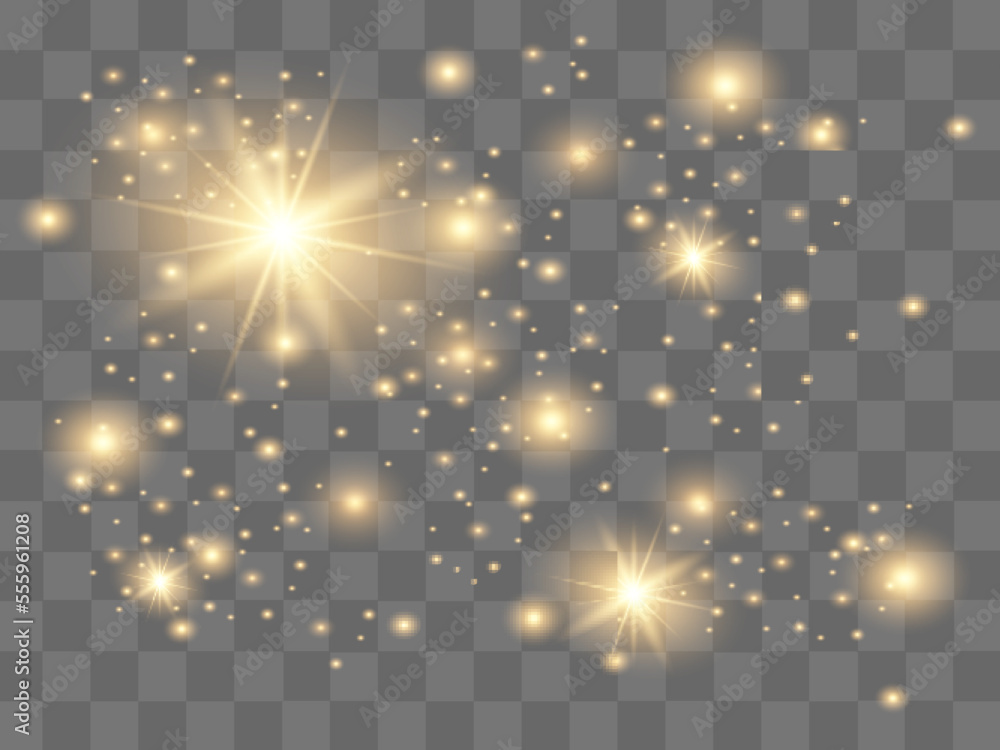 Yellow sparks glitter special light effect. Vector sparkles on transparent background. Sparkling ...