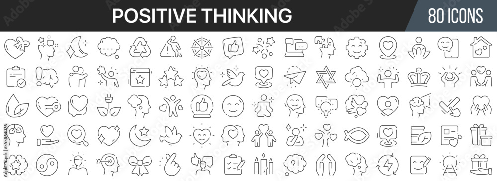 Positive thinking line icons collection. Big UI icon set in a flat ...
