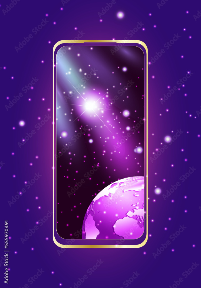 Smart phone screen mock-up with wallpaper planet Earth and shining ...