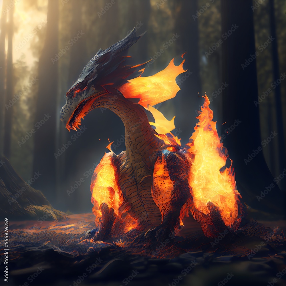 Fire Dragon in the forest, breathing fire, concept art. Generative AI ...
