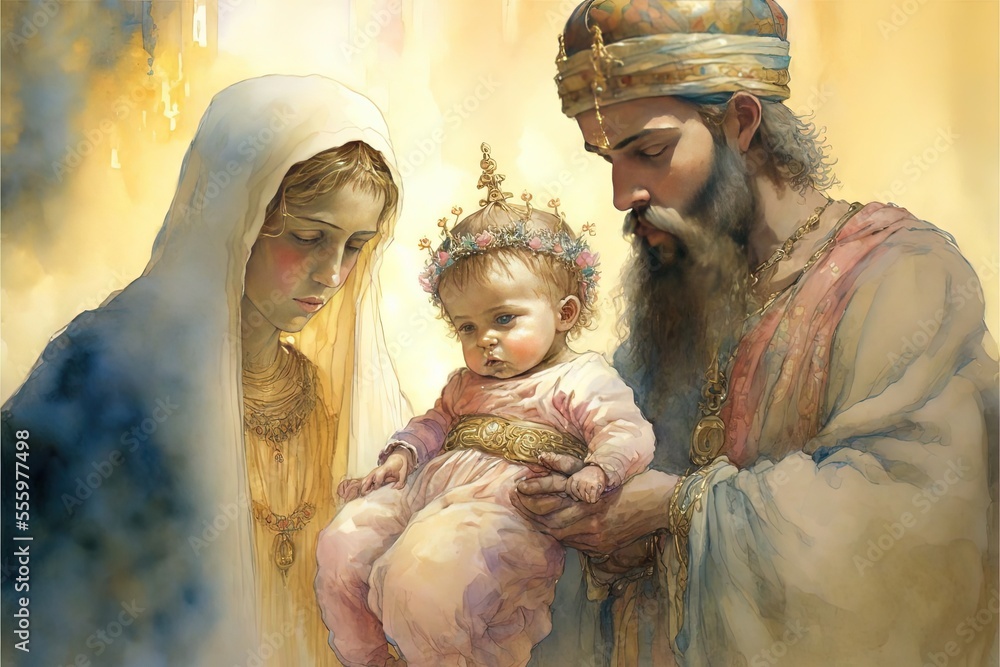 Nativity art of the three Magi or three wise men presenting gifts to ...