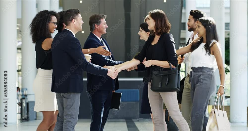 Partnership conference, agreement and business people shaking hands for ...