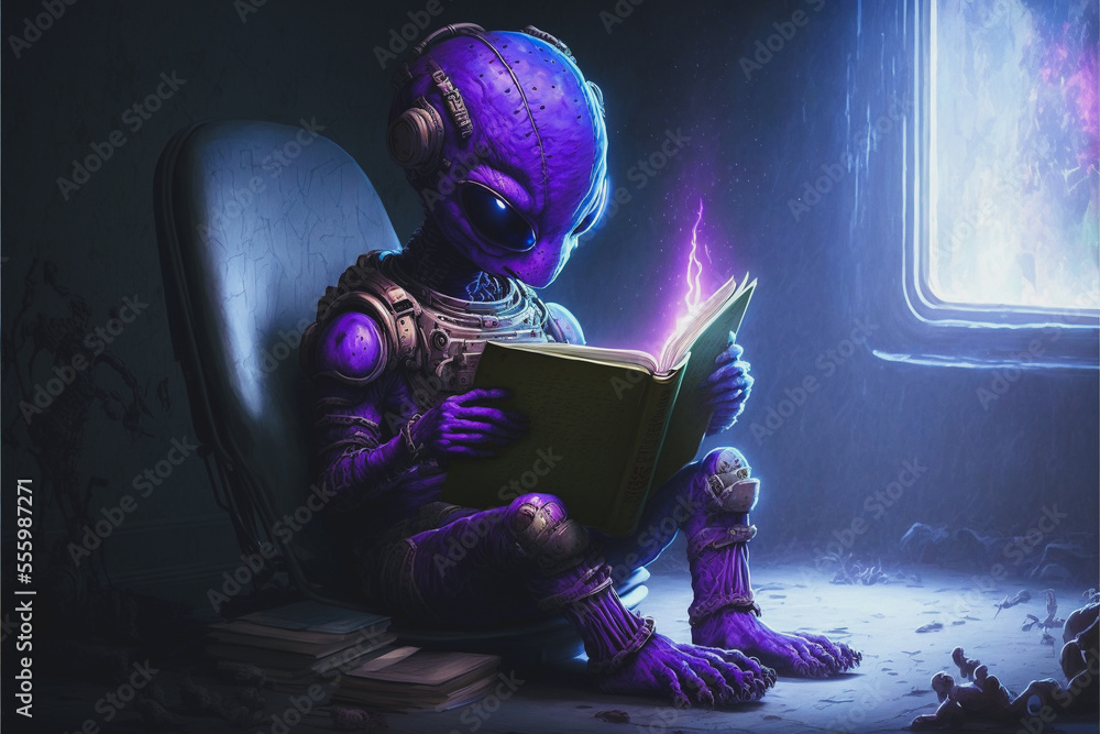 Little purple alien reading a book in space, Created with generative AI ...