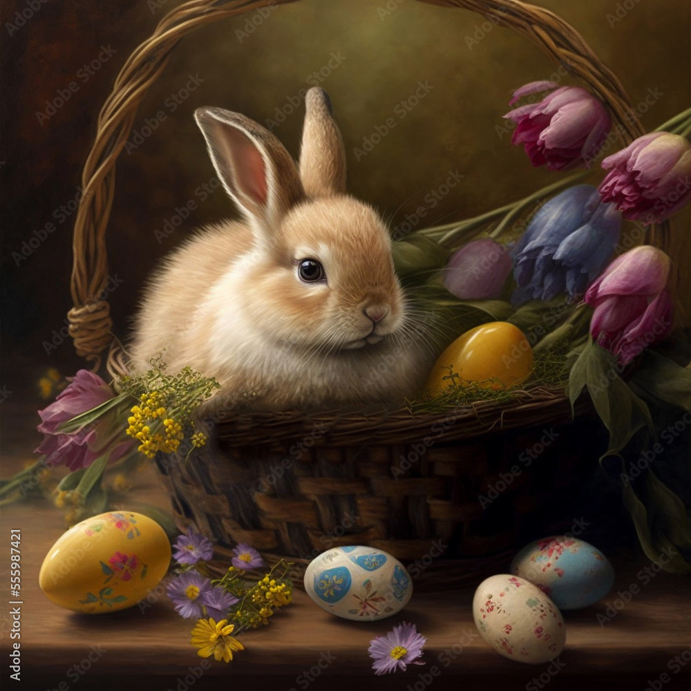Baby bunny rabbit in an Easter basket with decorated eggs and Spring ...