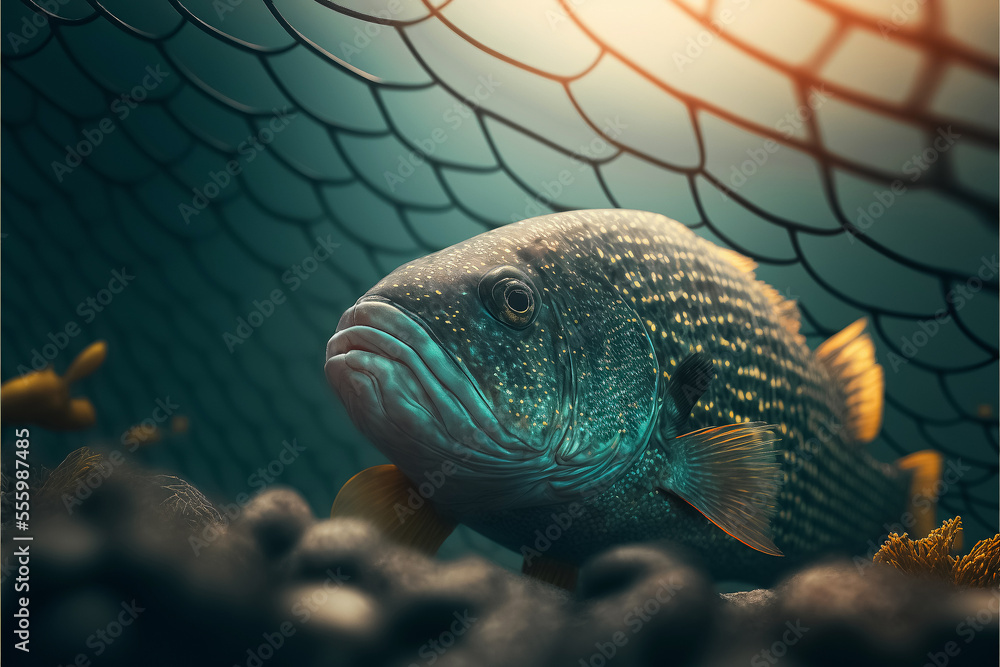Fish caught in a net in the ocean water. Created with generative AI ...
