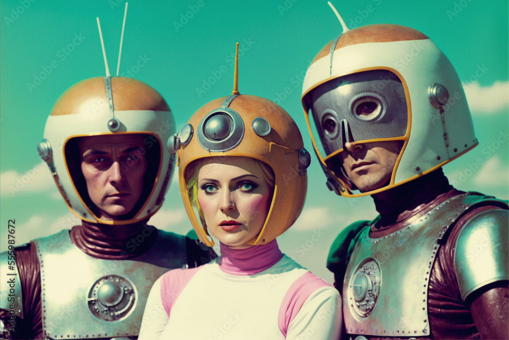 Outer space characters in a retro sci-f movie wearing cheesy science ...