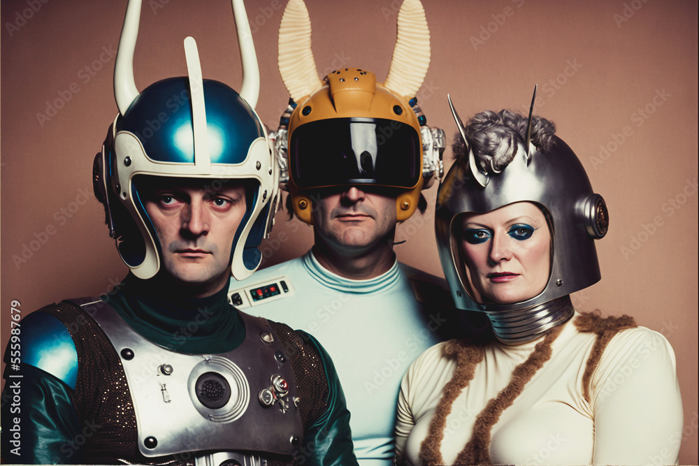 Outer space characters in a retro sci-f movie wearing cheesy science ...