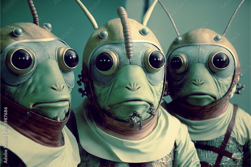 Space aliens that resemble a grasshopper or praying mantis like bug ...