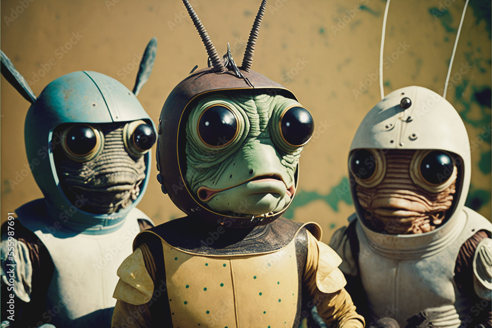 Space aliens that resemble a grasshopper or praying mantis like bug ...