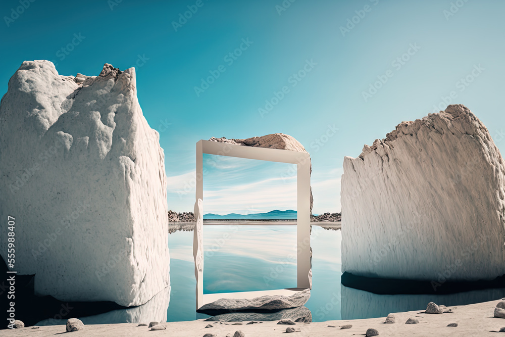 3d render, abstract fantastic panoramic background with round mirror ...